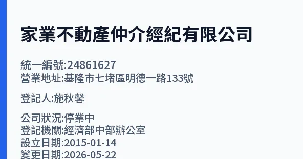 家業不動產仲介經紀有限公司的照片-統編 24861627(基隆市) 公司登記資料與營業項目詳細圖表