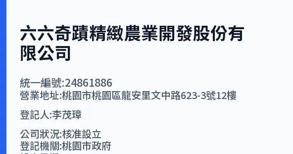 六六奇蹟精緻農業開發股份有限公司的照片-統編 24861886(桃園市) 公司登記資料與營業項目詳細圖表