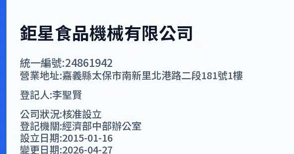 鉅星食品機械有限公司的照片-統編 24861942(嘉義縣) 公司登記資料與營業項目詳細圖表