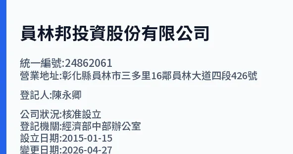 員林邦投資股份有限公司的照片-統編 24862061(彰化縣) 公司登記資料與營業項目詳細圖表