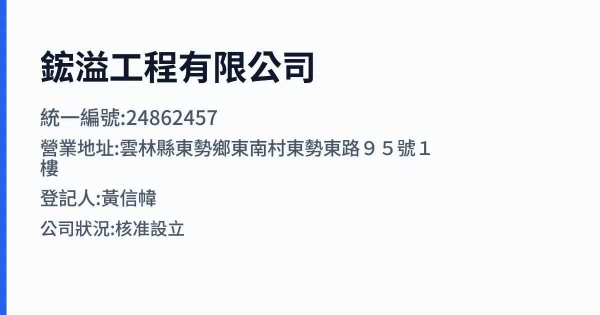 鋐溢工程有限公司 - 統編 24862457(雲林縣) 公司登記資料與營業項目詳細圖表