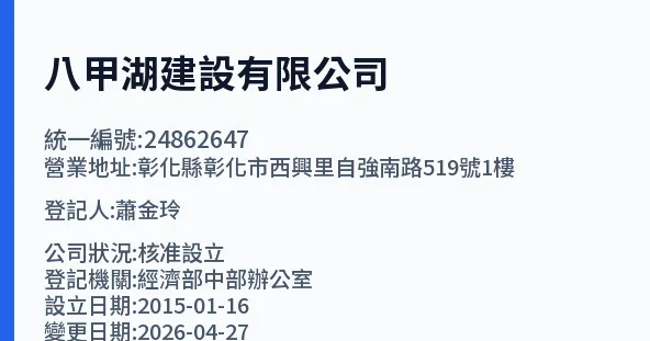 八甲湖建設有限公司的照片-統編 24862647(彰化縣) 公司登記資料與營業項目詳細圖表