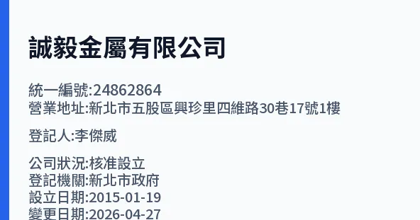 誠毅金屬有限公司的照片-統編 24862864(新北市) 公司登記資料與營業項目詳細圖表