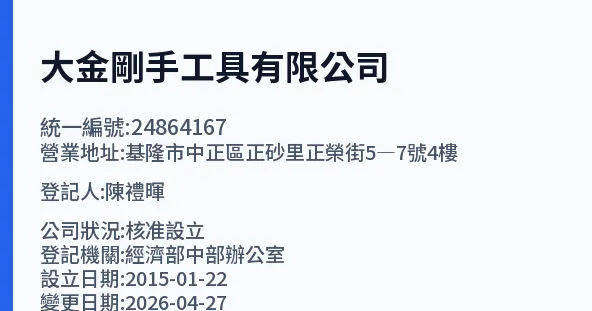大金剛手工具有限公司的照片-統編 24864167(基隆市) 公司登記資料與營業項目詳細圖表