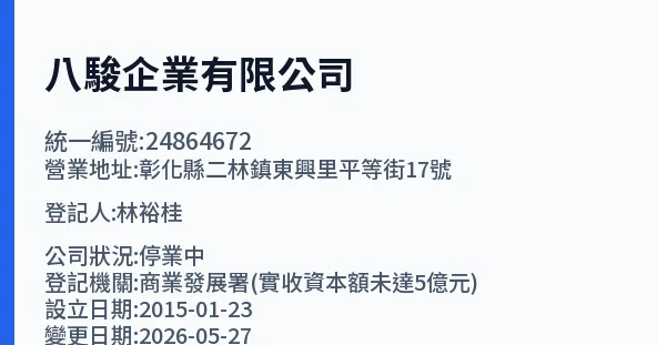 八駿企業有限公司的照片-統編 24864672(彰化縣) 公司登記資料與營業項目詳細圖表