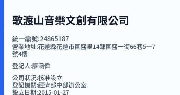 歌渡山音樂文創有限公司的照片-統編 24865187(花蓮縣) 公司登記資料與營業項目詳細圖表