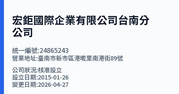 宏鉅國際企業有限公司台南分公司的照片-統編 24865243(臺南市) 公司登記資料與營業項目詳細圖表