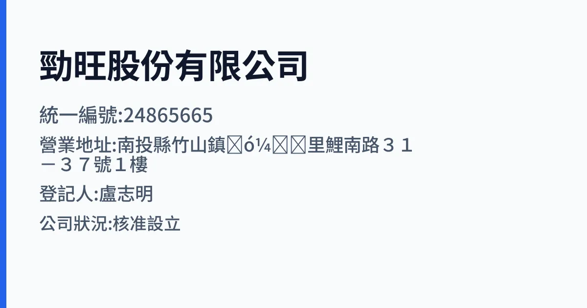 勁旺股份有限公司 - 統編 24865665(南投縣) 公司登記資料與營業項目詳細圖表