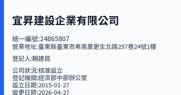宜昇建設企業有限公司的照片-統編 24865807(臺東縣) 公司登記資料與營業項目詳細圖表