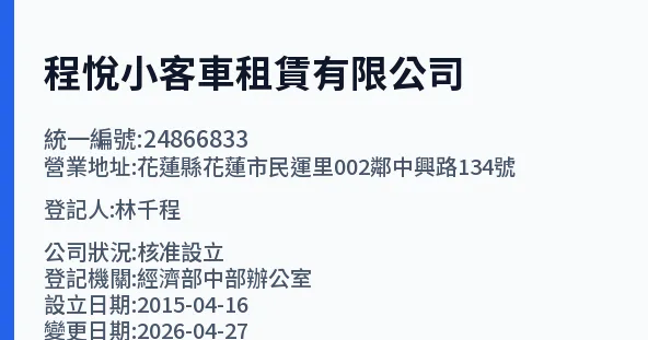 程悅小客車租賃有限公司的照片-統編 24866833(花蓮縣) 公司登記資料與營業項目詳細圖表