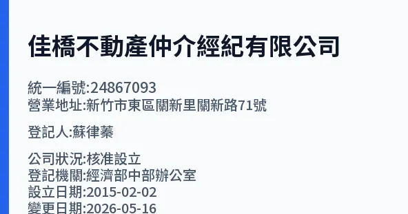 佳橋不動產仲介經紀有限公司的照片-統編 24867093(新竹市) 公司登記資料與營業項目詳細圖表