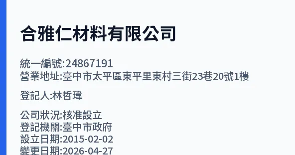 合雅仁材料有限公司的照片-統編 24867191(臺中市) 公司登記資料與營業項目詳細圖表