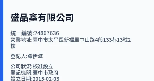 盛品鑫有限公司的照片-統編 24867636(臺中市) 公司登記資料與營業項目詳細圖表