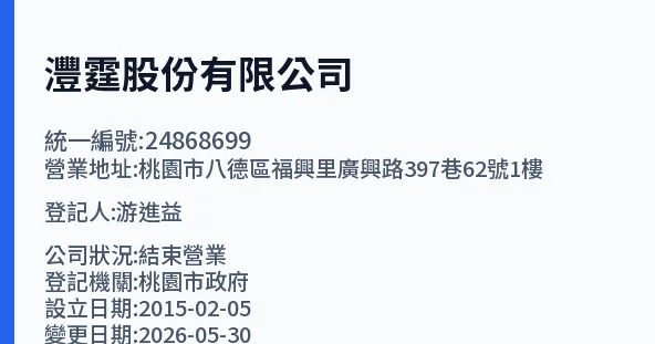 灃霆股份有限公司的照片-統編 24868699(桃園市) 公司登記資料與營業項目詳細圖表