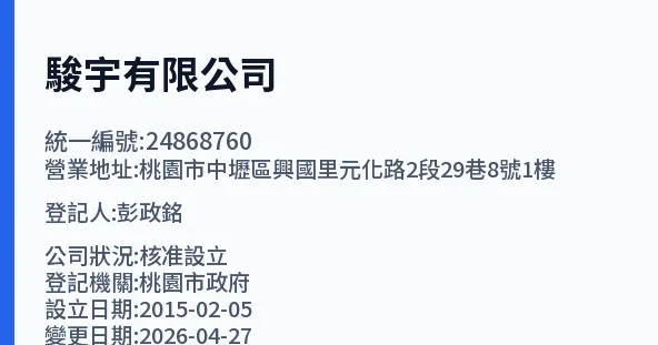 駿宇有限公司的照片-統編 24868760(桃園市) 公司登記資料與營業項目詳細圖表
