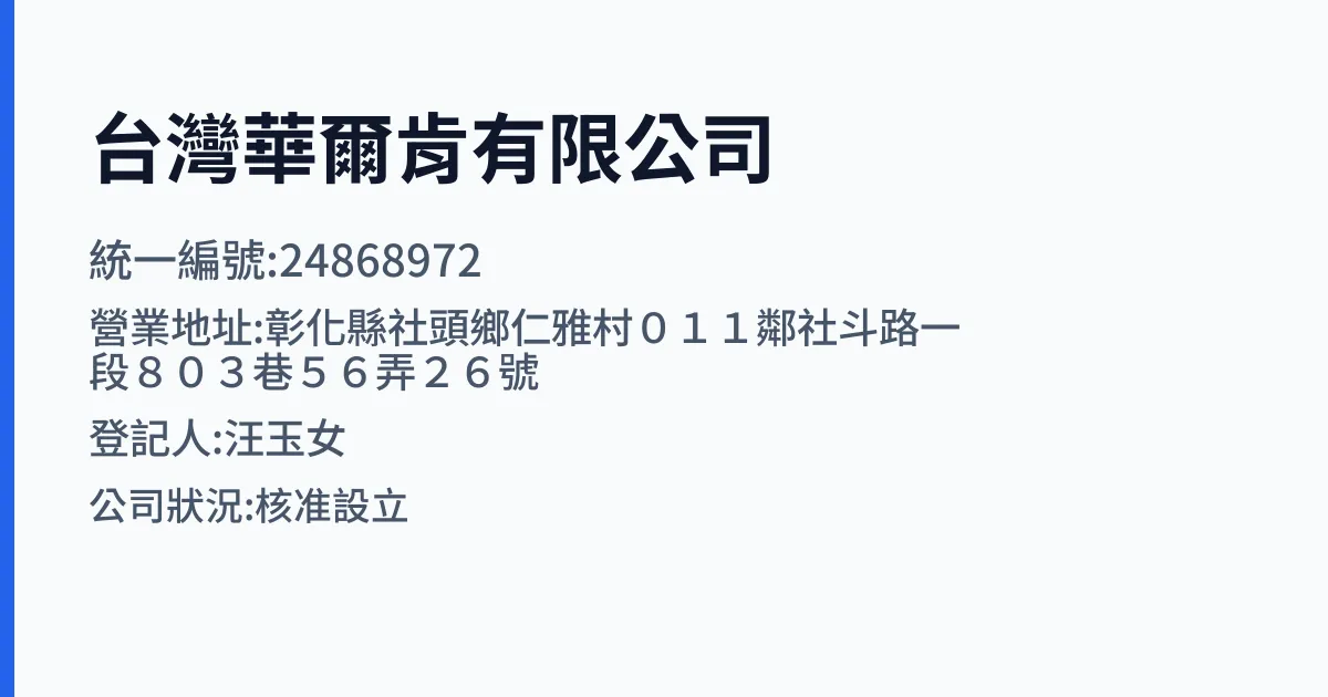 台灣華爾肯有限公司 - 統編 24868972(彰化縣) 公司登記資料與營業項目詳細圖表