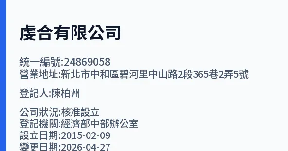 虔合有限公司的照片-統編 24869058(新北市) 公司登記資料與營業項目詳細圖表