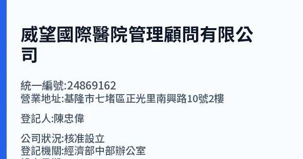 威望國際醫院管理顧問有限公司的照片-統編 24869162(基隆市) 公司登記資料與營業項目詳細圖表