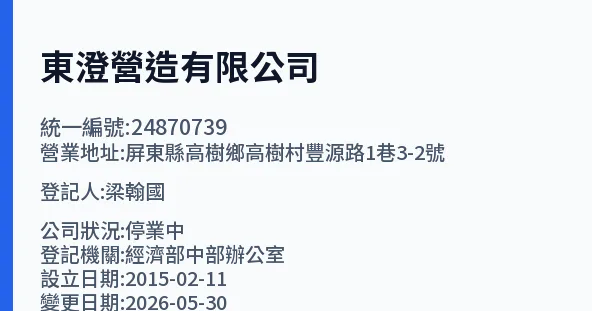 東澄營造有限公司的照片-統編 24870739(屏東縣) 公司登記資料與營業項目詳細圖表