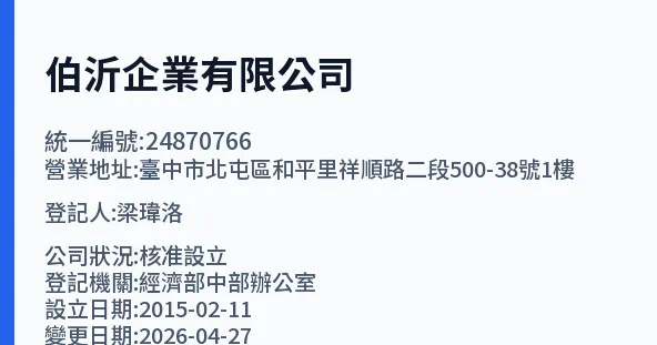 伯沂企業有限公司的照片-統編 24870766(臺中市) 公司登記資料與營業項目詳細圖表