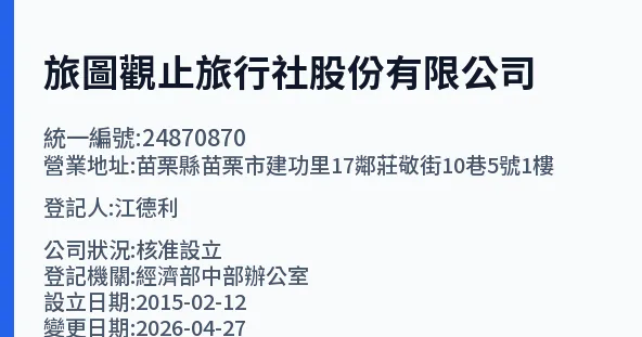 旅圖觀止旅行社股份有限公司的照片-統編 24870870(苗栗縣) 公司登記資料與營業項目詳細圖表