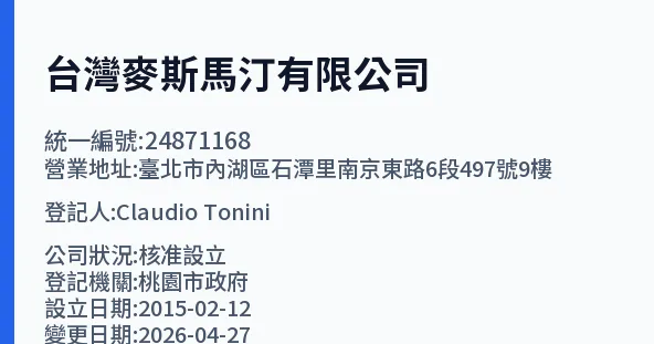 台灣麥斯馬汀有限公司的照片-統編 24871168(臺北市) 公司登記資料與營業項目詳細圖表