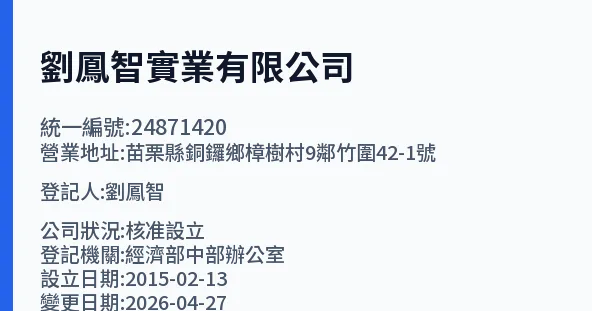 劉鳳智實業有限公司的照片-統編 24871420(苗栗縣) 公司登記資料與營業項目詳細圖表