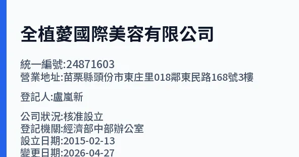 全植薆國際美容有限公司的照片-統編 24871603(苗栗縣) 公司登記資料與營業項目詳細圖表
