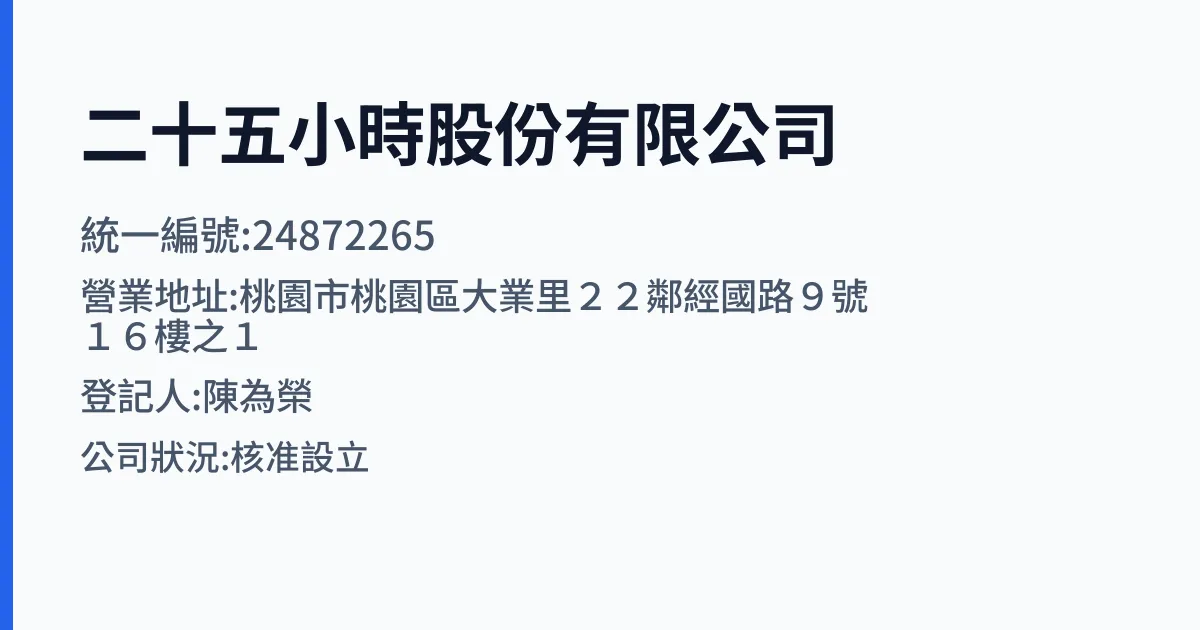 二十五小時股份有限公司 - 統編 24872265(桃園市) 公司登記資料與營業項目詳細圖表