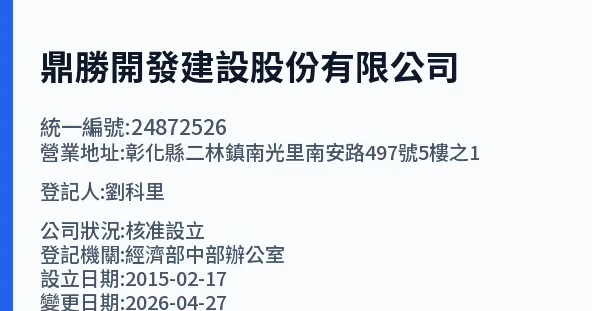 鼎勝開發建設股份有限公司的照片-統編 24872526(彰化縣) 公司登記資料與營業項目詳細圖表