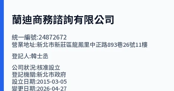 蘭迪商務諮詢有限公司的照片-統編 24872672(新北市) 公司登記資料與營業項目詳細圖表