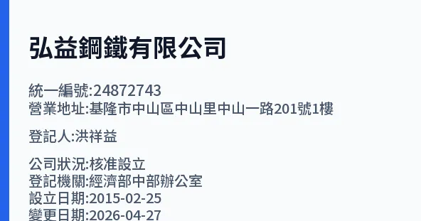 弘益鋼鐵有限公司的照片-統編 24872743(基隆市) 公司登記資料與營業項目詳細圖表
