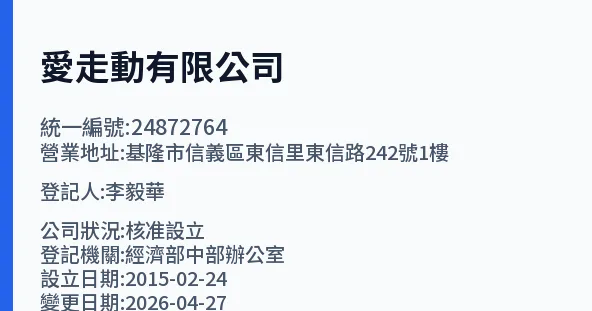 愛走動有限公司的照片-統編 24872764(基隆市) 公司登記資料與營業項目詳細圖表
