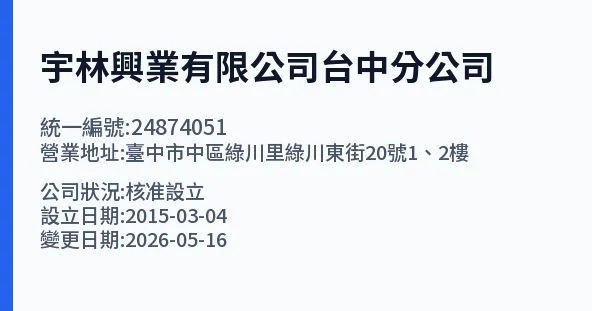 宇林興業有限公司台中分公司的照片-統編 24874051(臺中市) 公司登記資料與營業項目詳細圖表