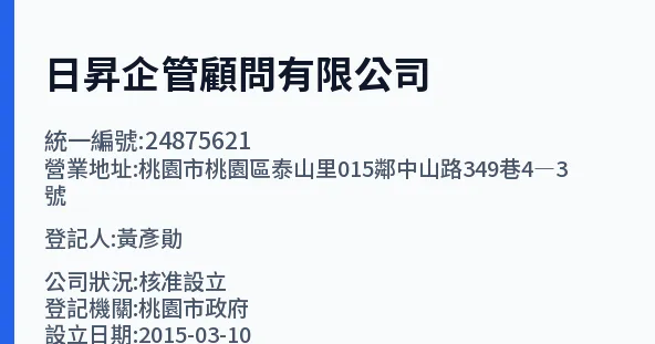日昇企管顧問有限公司的照片-統編 24875621(桃園市) 公司登記資料與營業項目詳細圖表