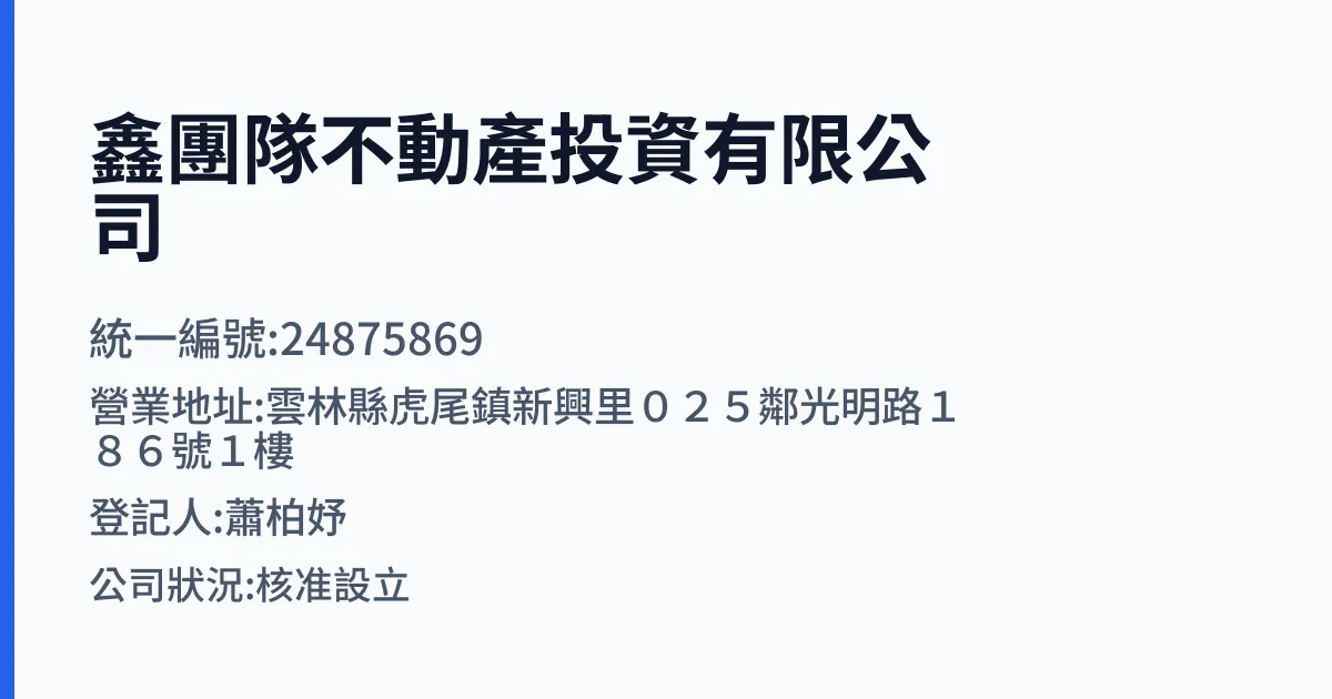 鑫團隊不動產投資有限公司 - 統編 24875869(雲林縣) 公司登記資料與營業項目詳細圖表