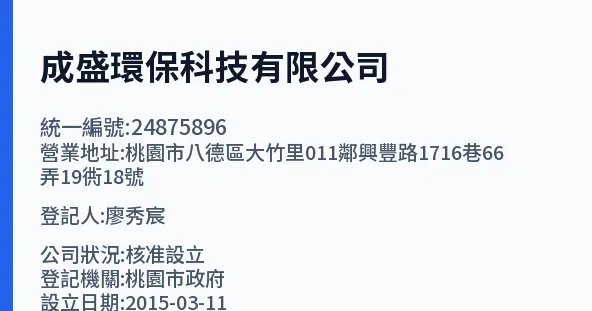 成盛環保科技有限公司的照片-統編 24875896(桃園市) 公司登記資料與營業項目詳細圖表
