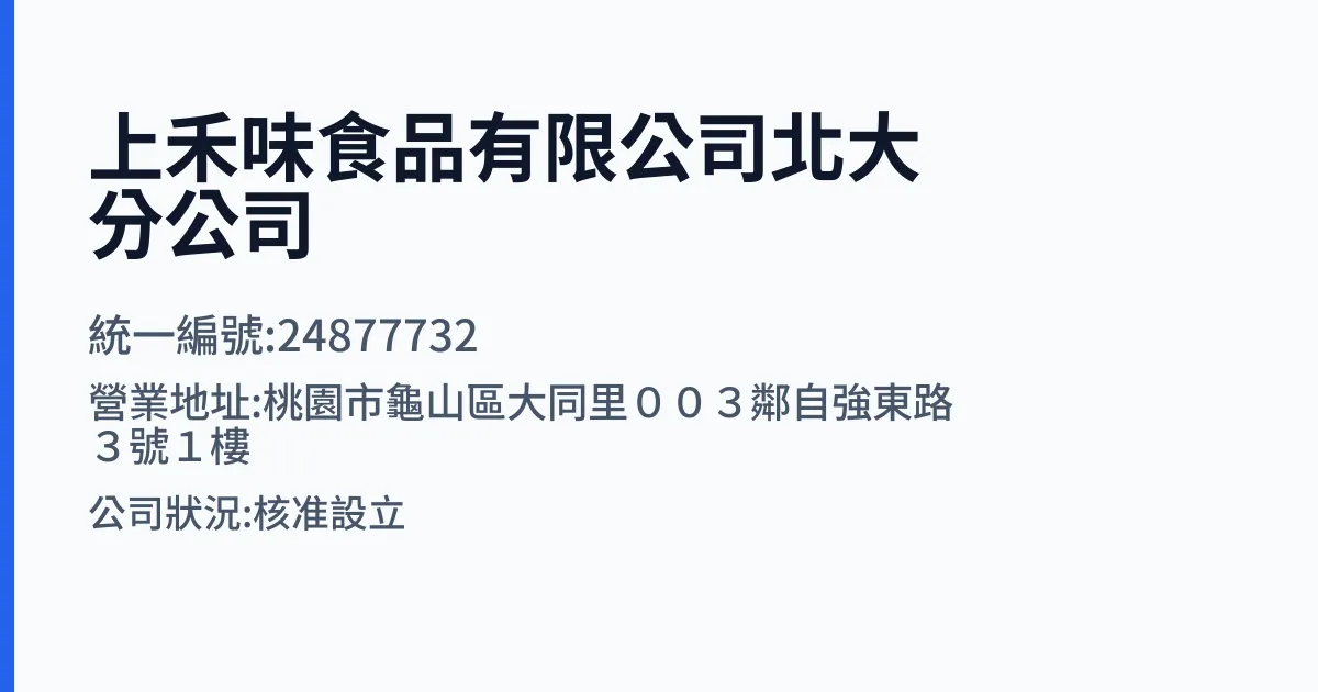 上禾味食品有限公司北大分公司 - 統編 24877732(桃園市) 公司登記資料與營業項目詳細圖表