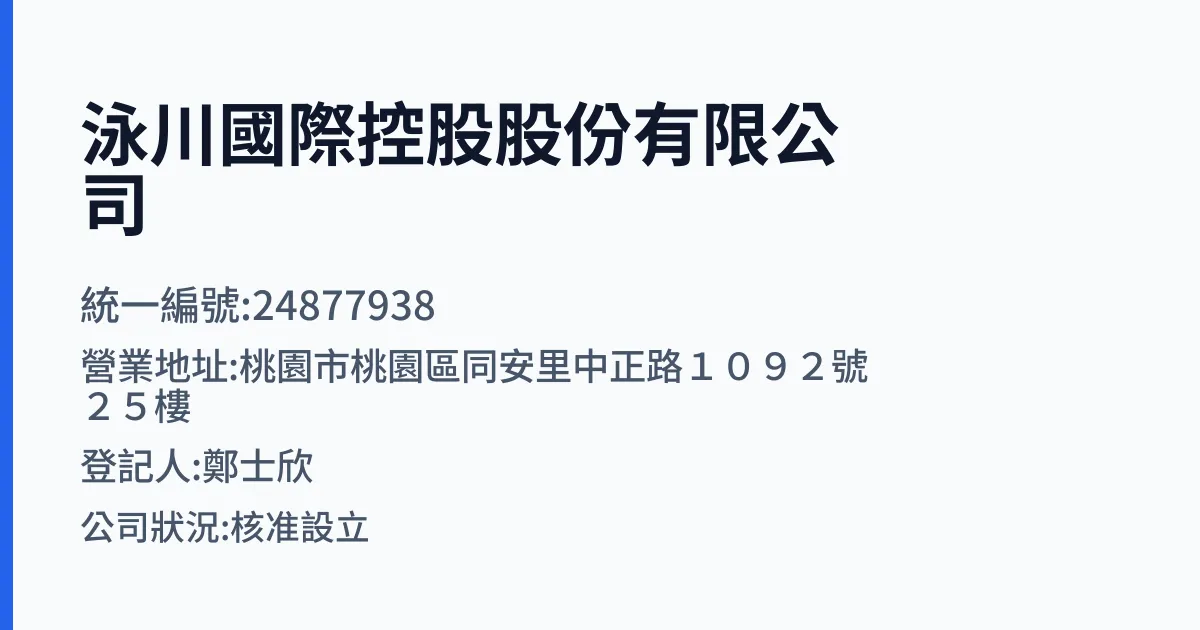 泳川國際控股股份有限公司 - 統編 24877938(桃園市) 公司登記資料與營業項目詳細圖表