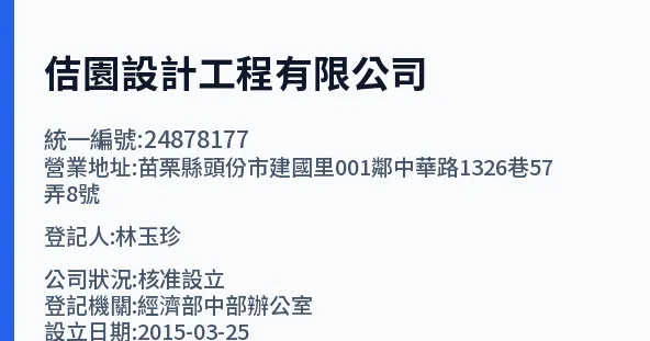 佶園設計工程有限公司的照片-統編 24878177(苗栗縣) 公司登記資料與營業項目詳細圖表