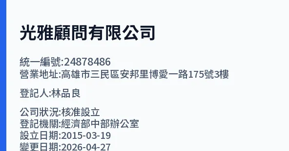 光雅顧問有限公司的照片-統編 24878486(高雄市) 公司登記資料與營業項目詳細圖表