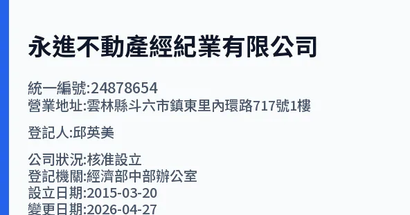 永進不動產經紀業有限公司的照片-統編 24878654(雲林縣) 公司登記資料與營業項目詳細圖表