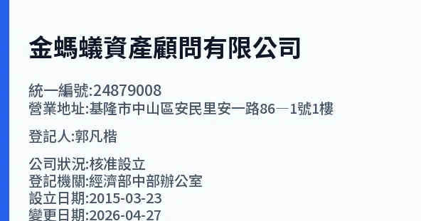 金螞蟻資產顧問有限公司的照片-統編 24879008(基隆市) 公司登記資料與營業項目詳細圖表
