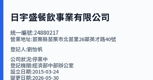 日宇盛餐飲事業有限公司的照片-統編 24880217(苗栗縣) 公司登記資料與營業項目詳細圖表