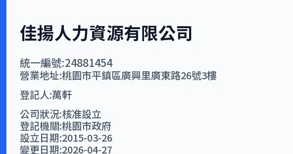 佳揚人力資源有限公司的照片-統編 24881454(桃園市) 公司登記資料與營業項目詳細圖表