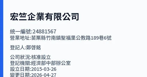 宏竺企業有限公司的照片-統編 24881567(苗栗縣) 公司登記資料與營業項目詳細圖表