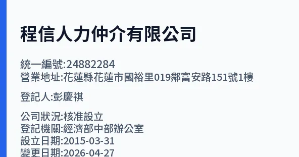 程信人力仲介有限公司的照片-統編 24882284(花蓮縣) 公司登記資料與營業項目詳細圖表