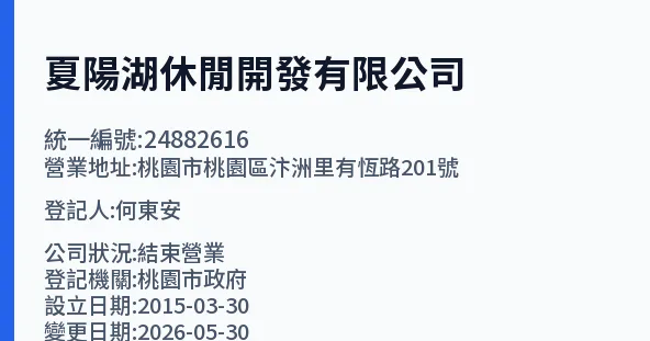 夏陽湖休閒開發有限公司的照片-統編 24882616(桃園市) 公司登記資料與營業項目詳細圖表