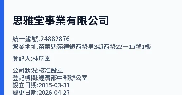 思雅堂事業有限公司的照片-統編 24882876(苗栗縣) 公司登記資料與營業項目詳細圖表