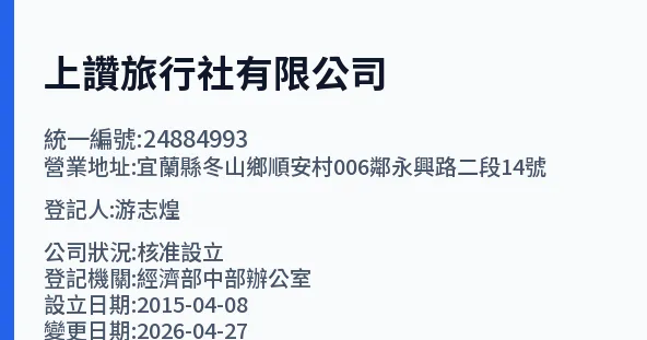 上讚旅行社有限公司的照片-統編 24884993(宜蘭縣) 公司登記資料與營業項目詳細圖表